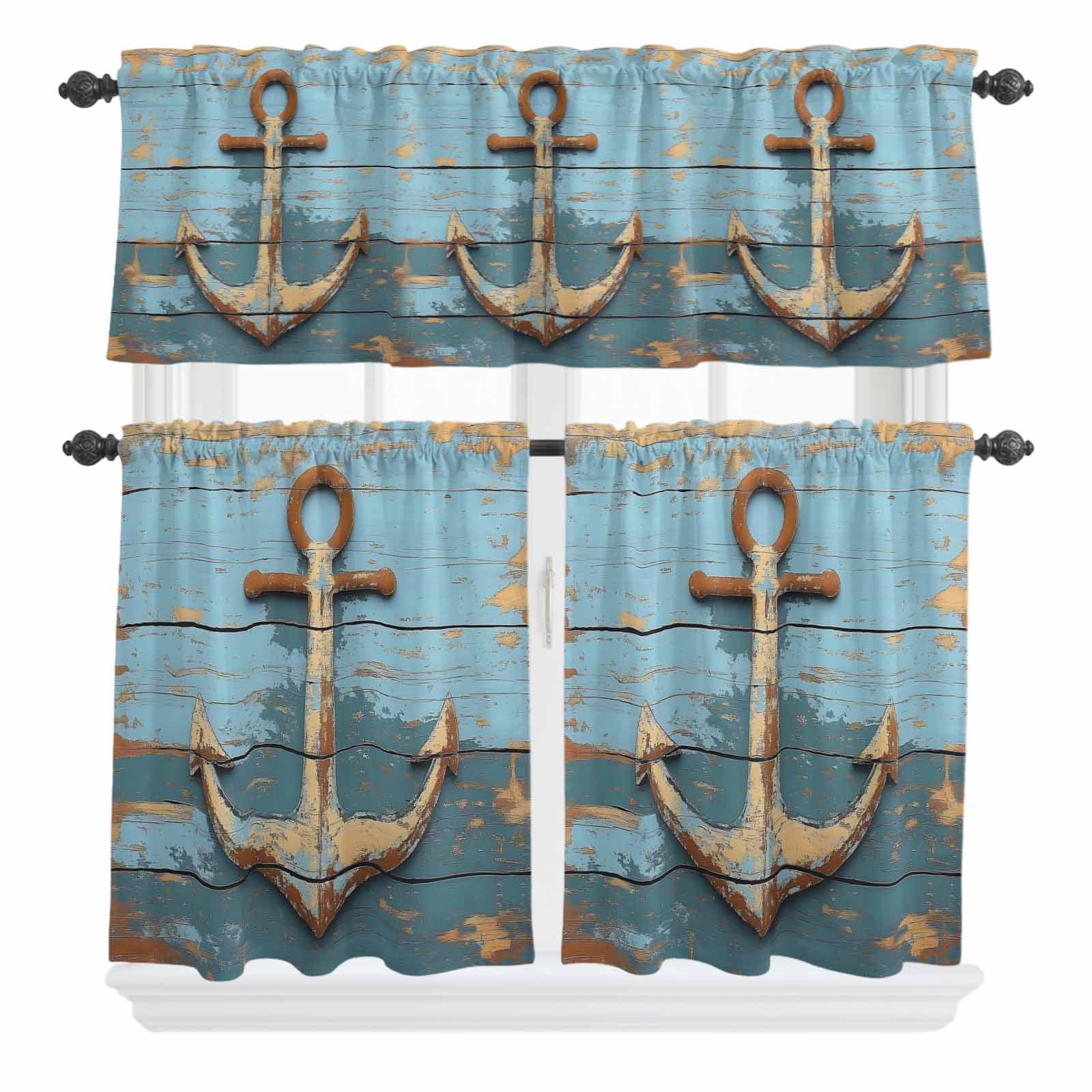 3 Piece Kitchen Curtains and Valances Set Brown Nautical Anchor Cafe ...