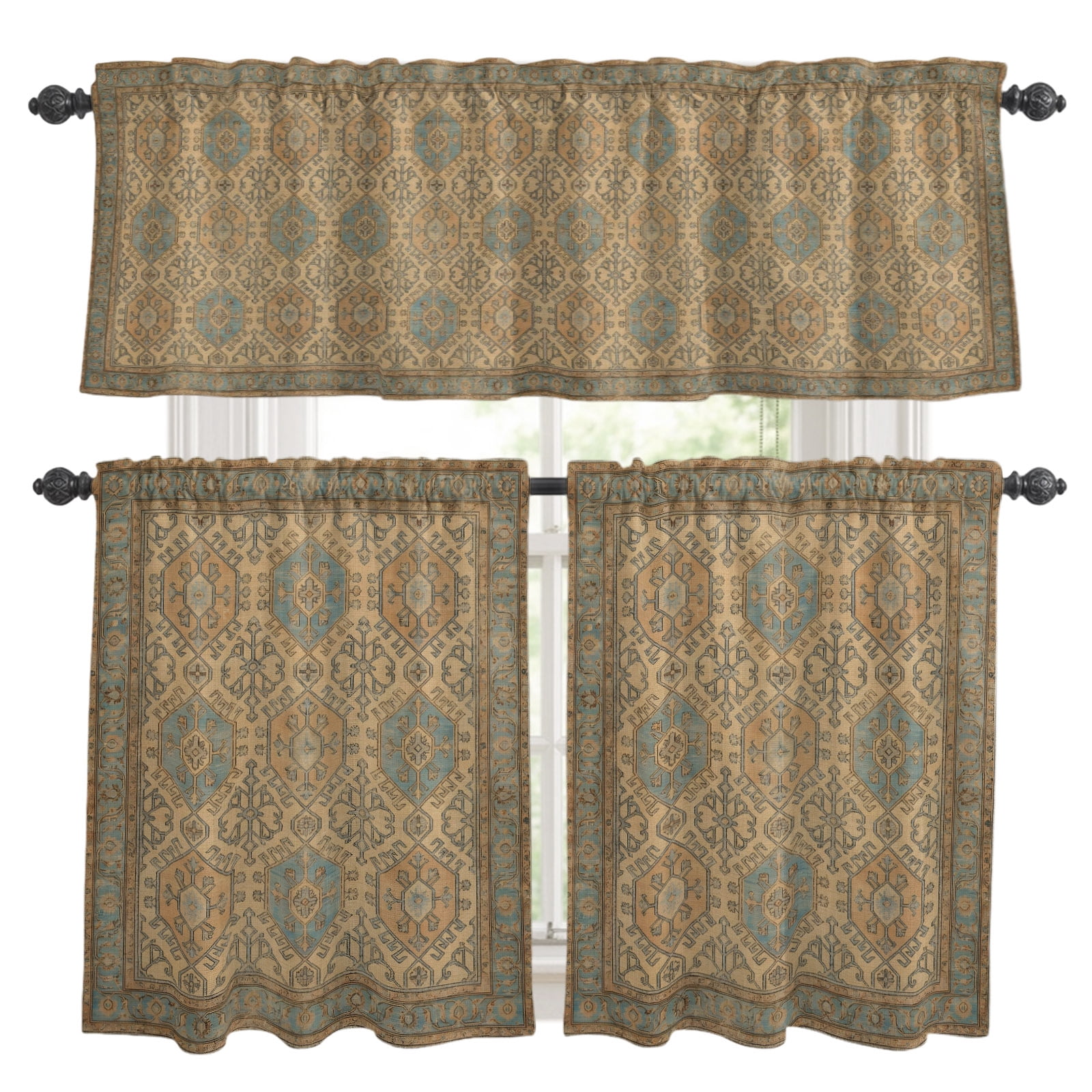 3 Piece Kitchen Curtains and Valances Set Brown Retro Boho Cafe ...