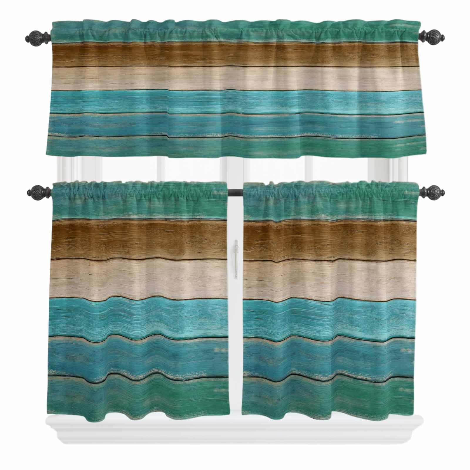 3 Piece Kitchen Curtains and Valances Set Brown Teal Blue Cafe Curtains ...