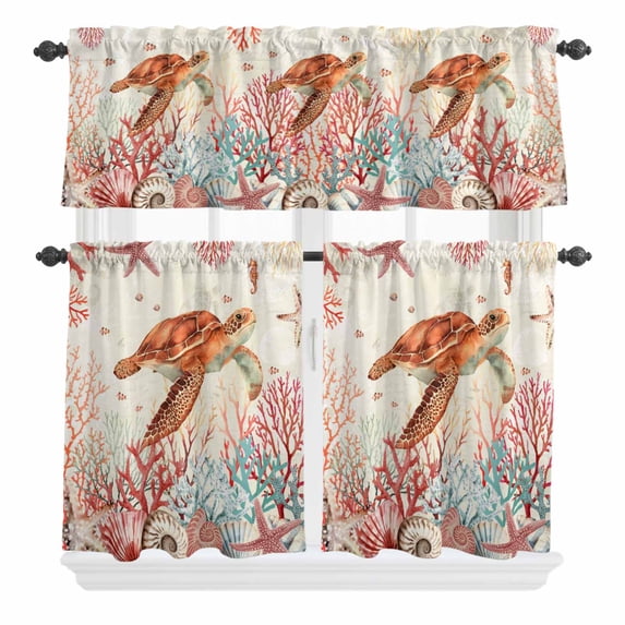 3 Piece Kitchen Curtains and Valances Set Brown Turtle Coastal Cafe Curtains 36 Inch Length ...