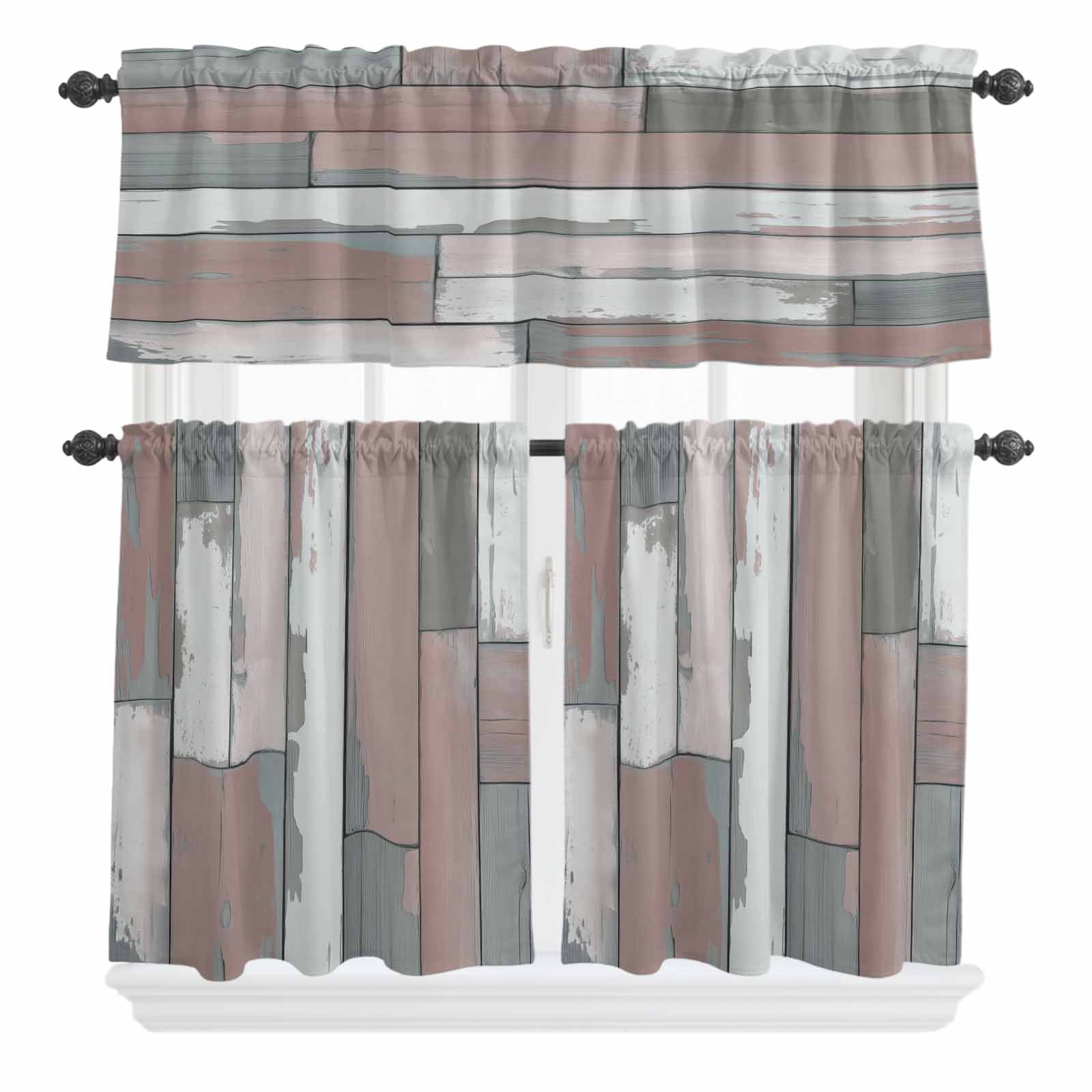 3 Piece Kitchen Curtains and Valances Set Brown Wooden Cafe Curtains 24 ...
