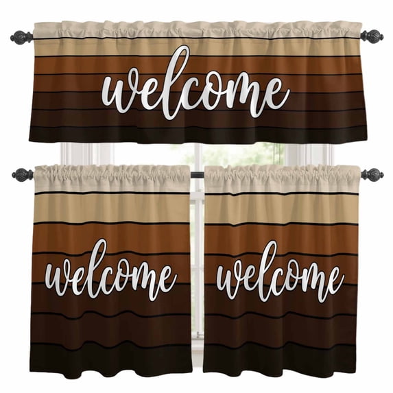 3 Piece Kitchen Curtains and Valances Set Brown Wooden Grain Cafe ...