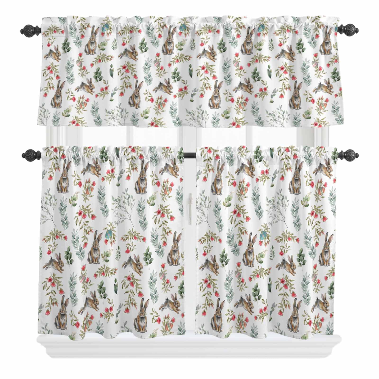 3 Piece Kitchen Curtains and Valances Set Bunny Floral Easter Cafe ...