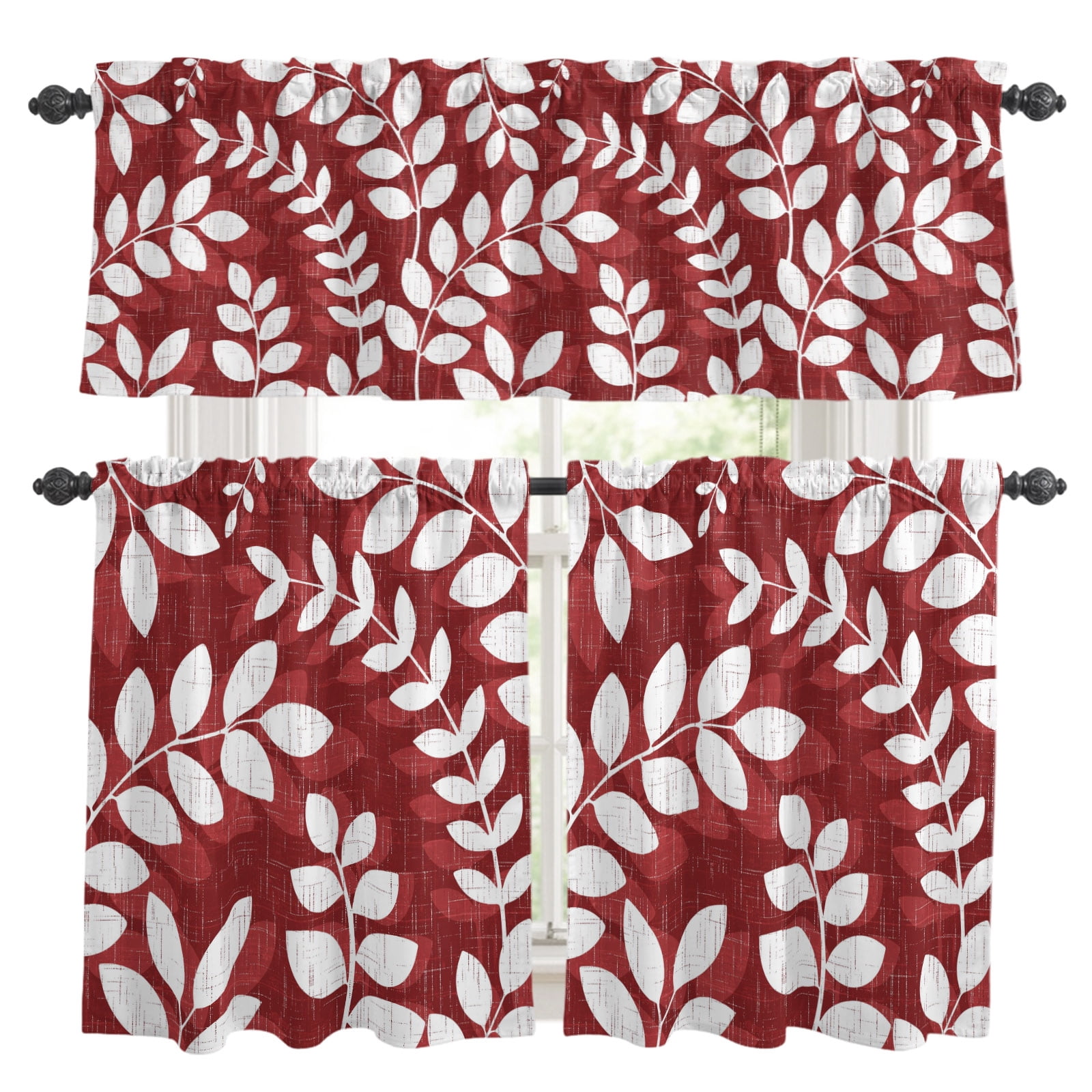 3 Piece Kitchen Curtains and Valances Set Burgundy Leaves Cafe Curtains ...