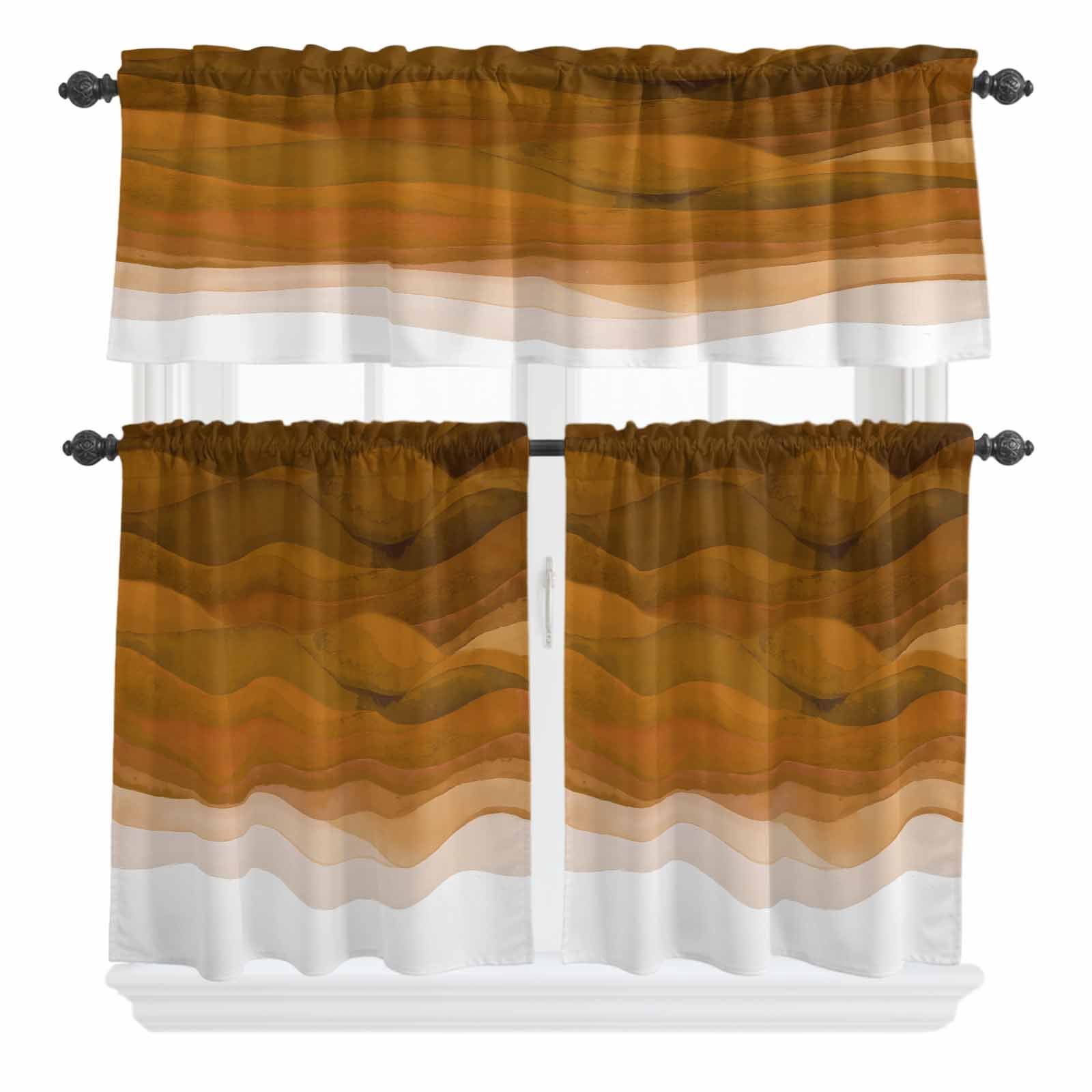 3 Piece Kitchen Curtains and Valances Set Burnt Orange Waves Cafe ...