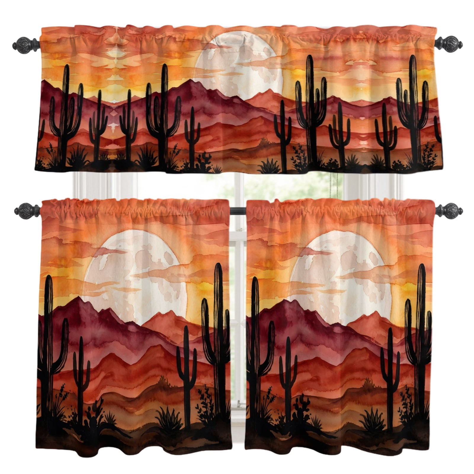 3 Piece Kitchen Curtains and Valances Set Cactus Cafe Curtains 36 Inch ...