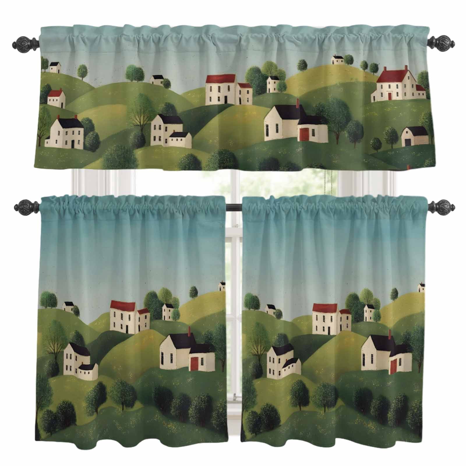3 Piece Kitchen Curtains and Valances Set Cartoon Country Cafe Curtains ...