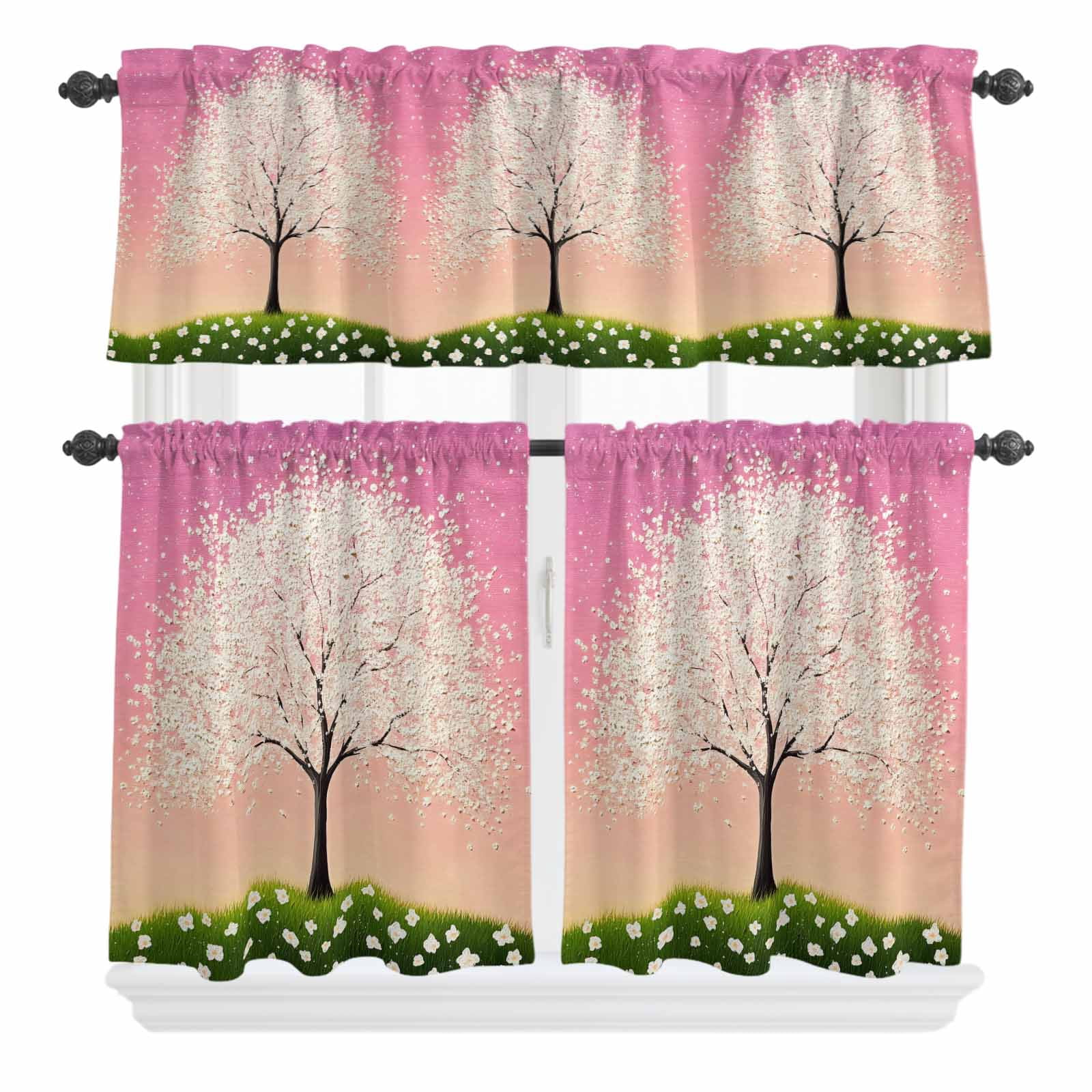 3 Piece Kitchen Curtains and Valances Set Cherry Blossom Cafe Curtains ...