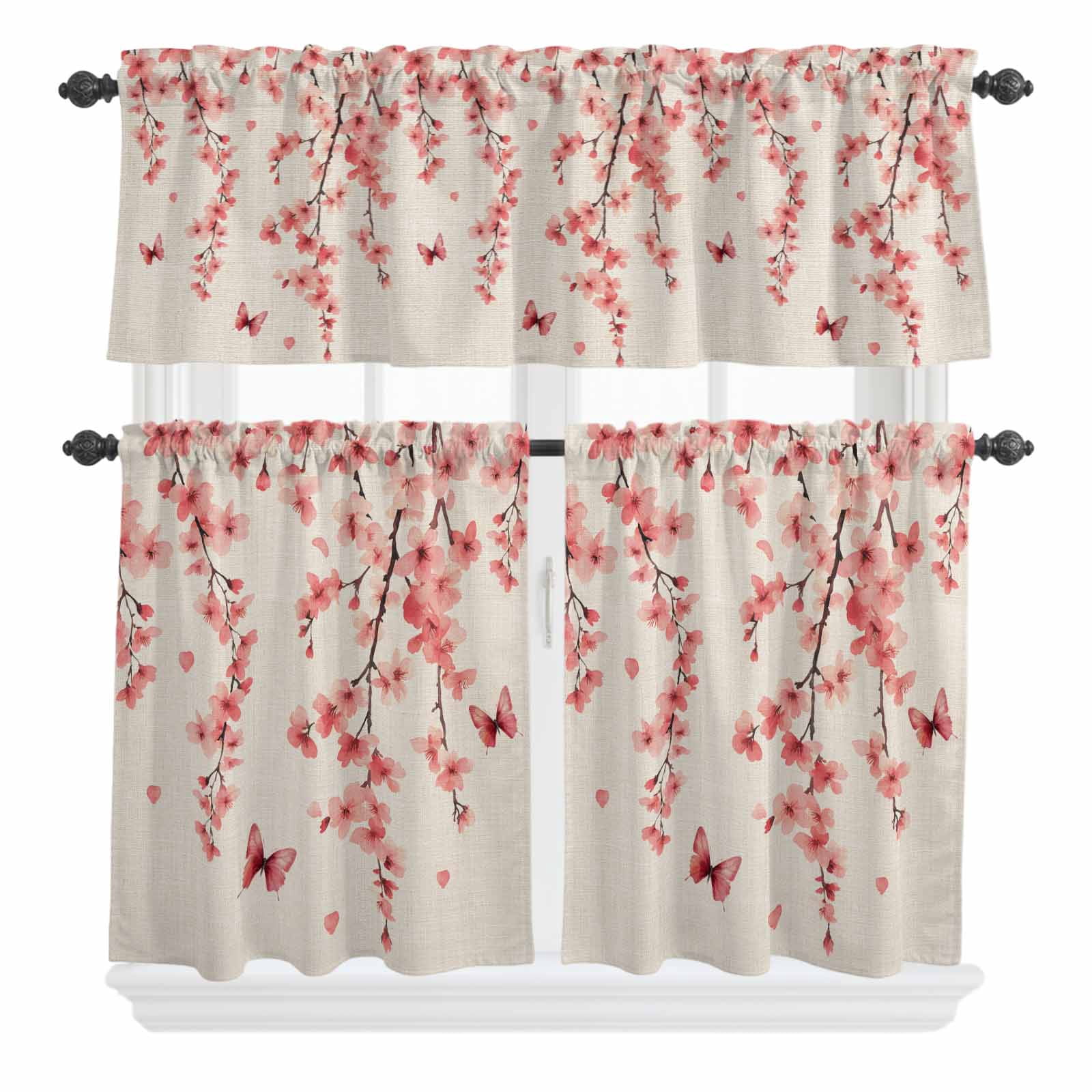 3 Piece Kitchen Curtains and Valances Set Cherry Blossoms Cafe Curtains ...