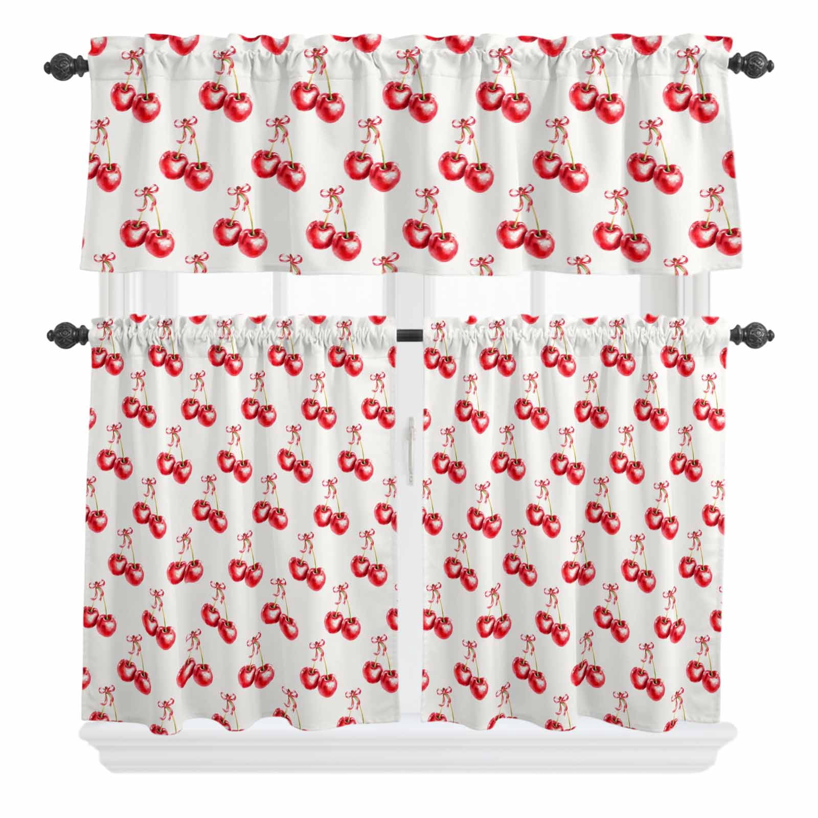 3 Piece Kitchen Curtains and Valances Set Cherry Farmhouse Cafe ...