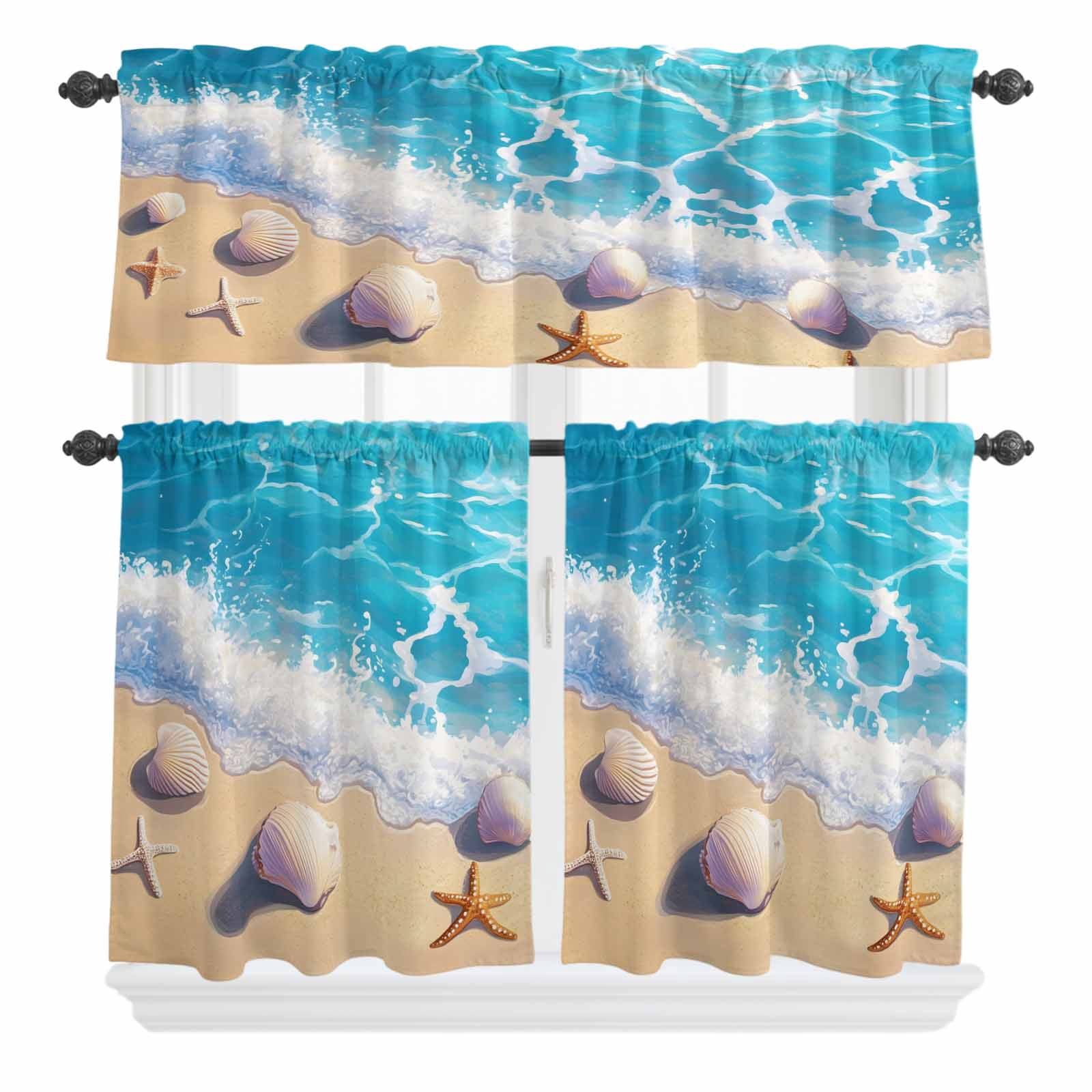 3 Piece Kitchen Curtains and Valances Set Coastal Beach Cafe Curtains ...