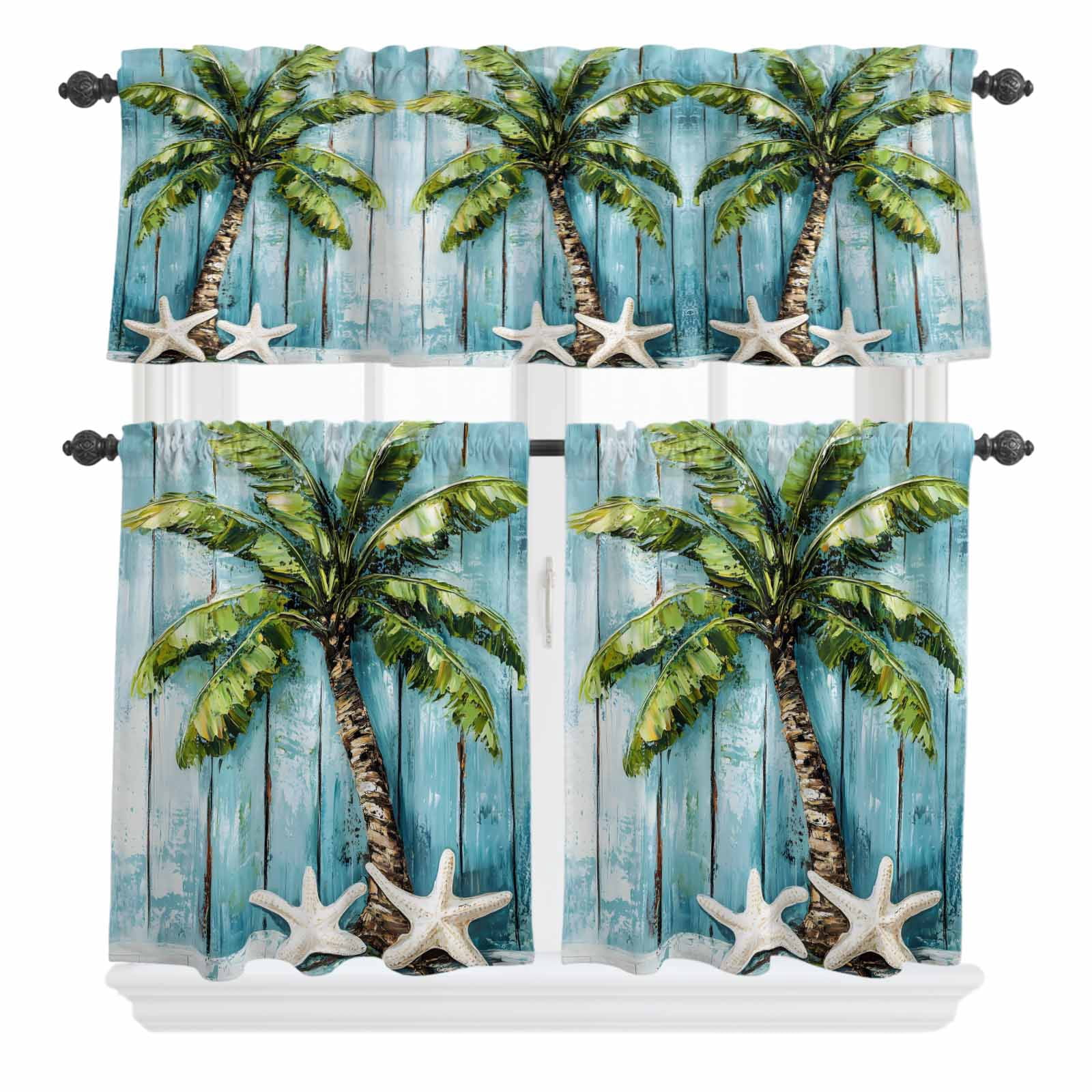 3 Piece Kitchen Curtains and Valances Set Coastal Beach Starfish Cafe ...