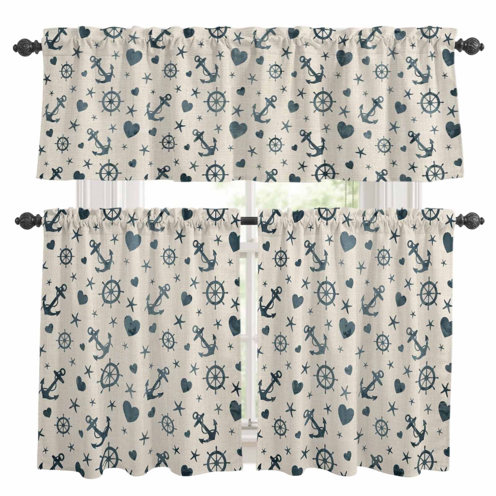 3 Piece Kitchen Curtains and Valances Set Coastal Nautical Cafe ...