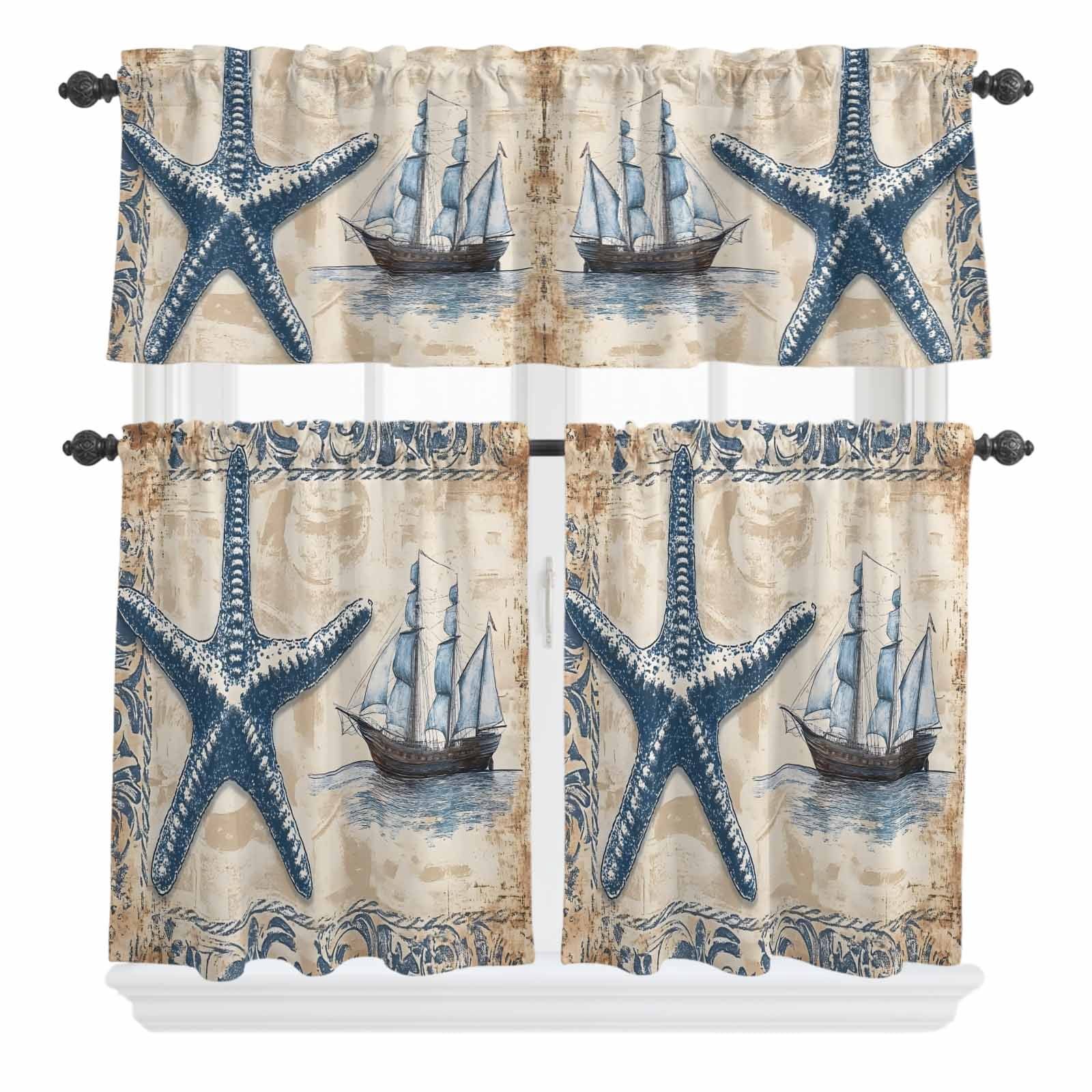 3 Piece Kitchen Curtains and Valances Set Coastal Nautical Cafe ...