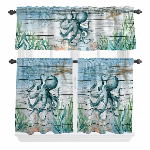 3 Piece Kitchen Curtains and Valances Set Coastal Octopus Cafe Curtains ...