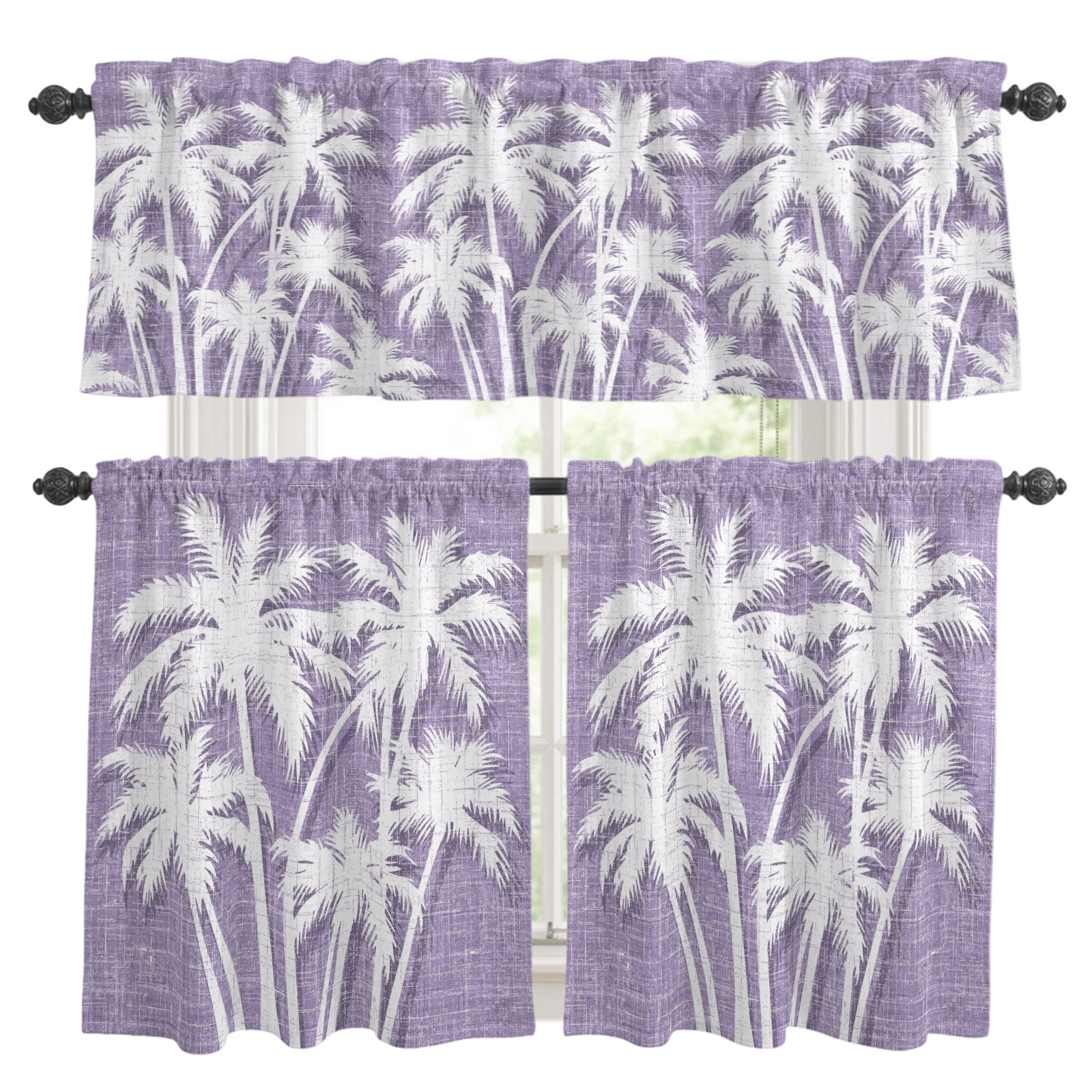 3 Piece Kitchen Curtains and Valances Set Coastal Palm Tree Cafe ...