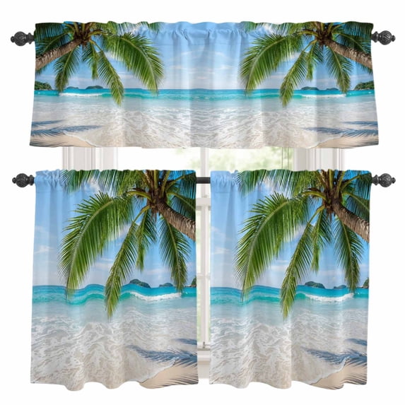 3 Piece Kitchen Curtains and Valances Set Coastal Palm Trees Cafe ...