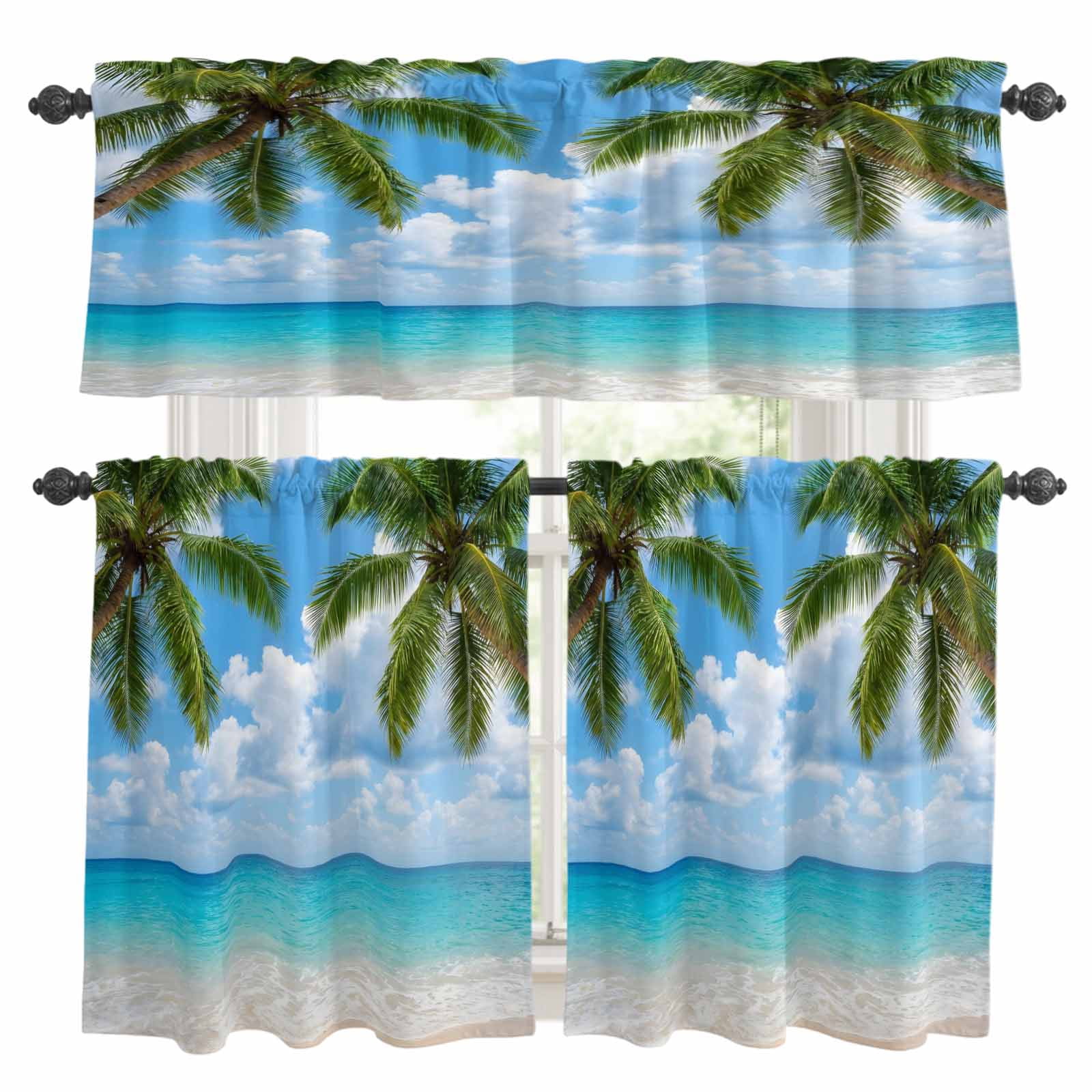 3 Piece Kitchen Curtains and Valances Set Coastal Palm Trees Cafe ...