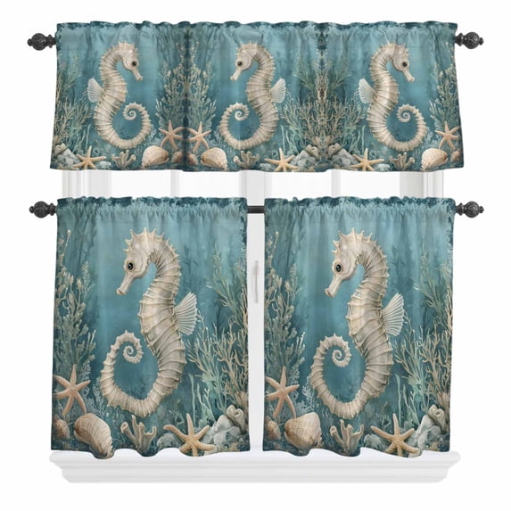 3 Piece Kitchen Curtains and Valances Set Coastal Seahorse Blue Green ...