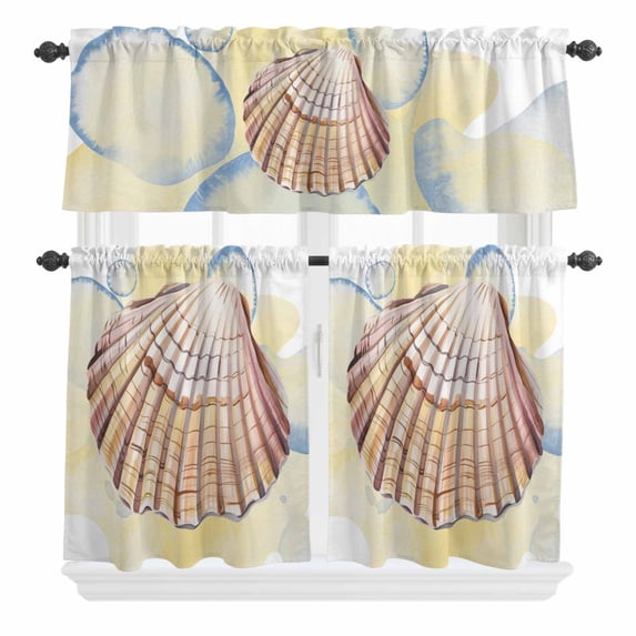 3 Piece Kitchen Curtains and Valances Set Coastal Seashells Cafe ...