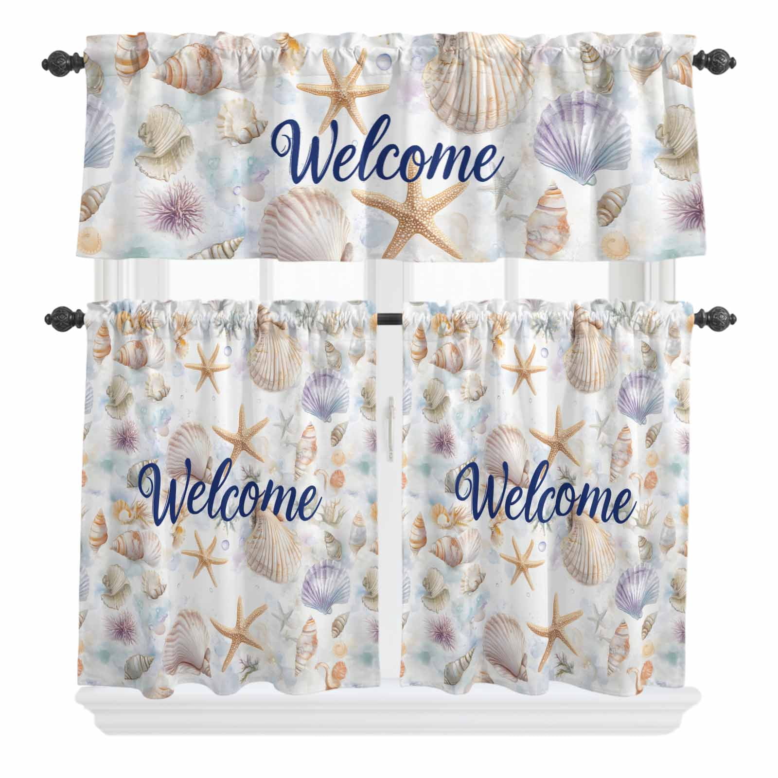 3 Piece Kitchen Curtains and Valances Set Coastal Shell Cafe Curtains ...