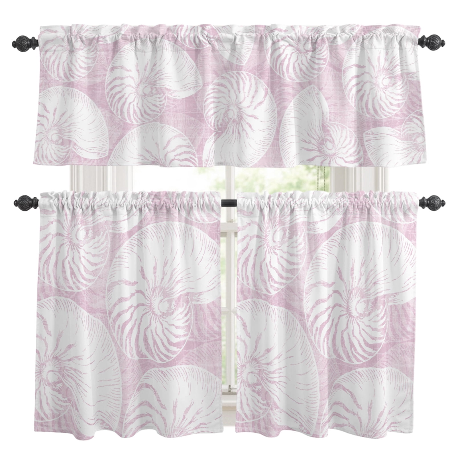 3 Piece Kitchen Curtains and Valances Set Coastal Shell Purple Pink ...