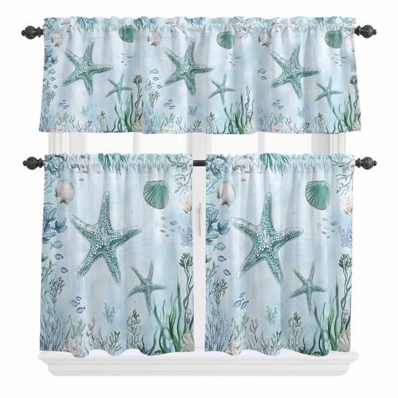 3 Piece Kitchen Curtains and Valances Set Coastal Starfish Cafe ...