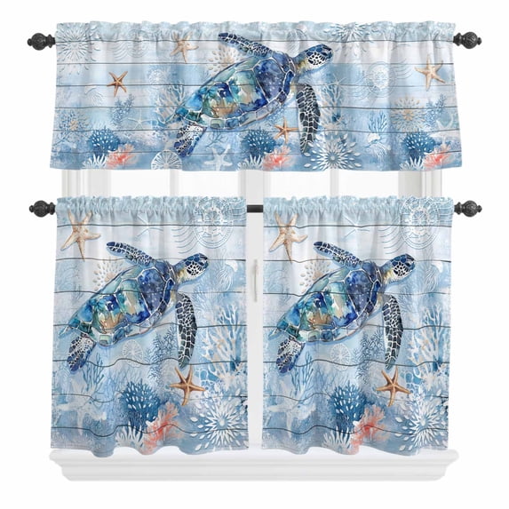 3 Piece Kitchen Curtains and Valances Set Coastal Turtle Cafe Curtains ...