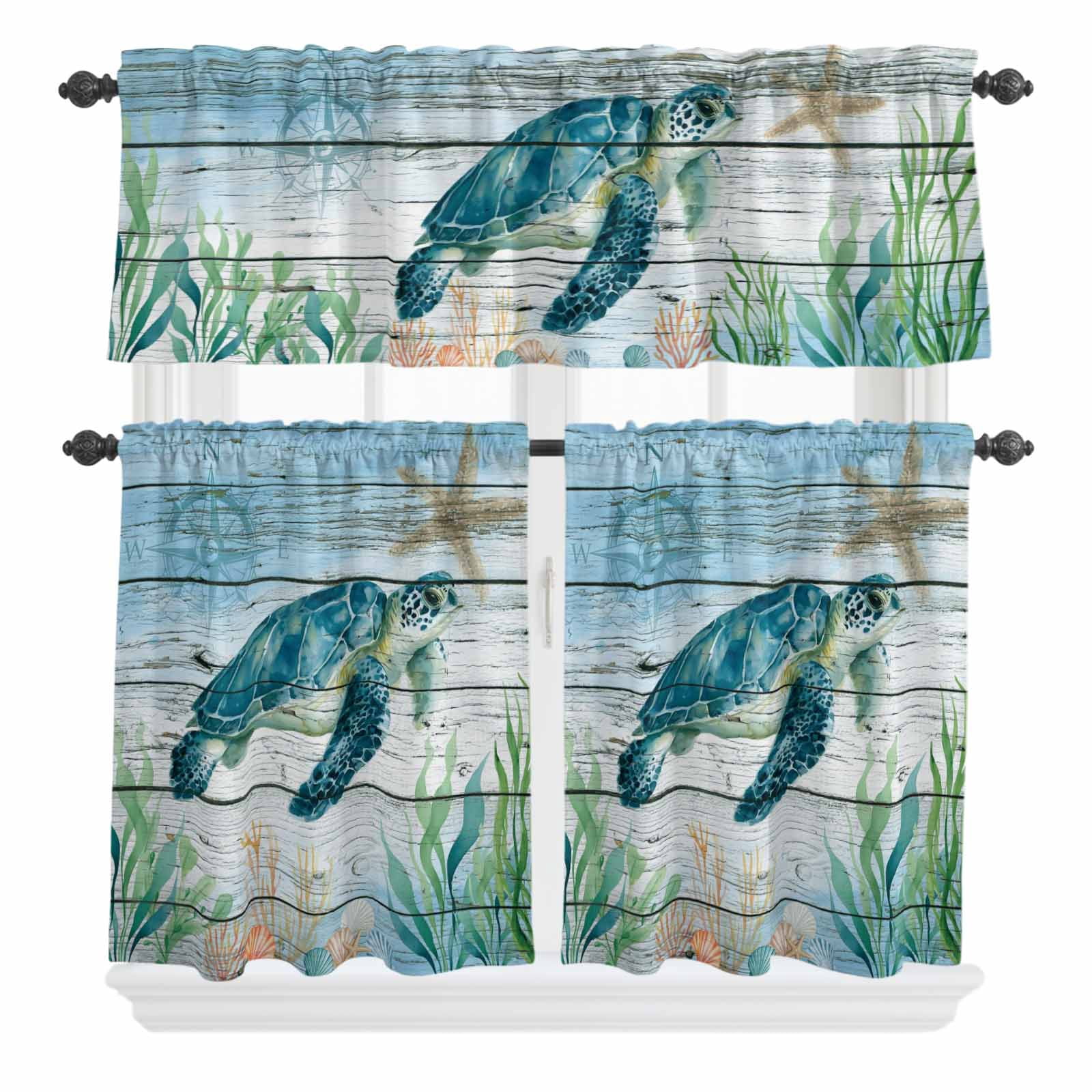 3 Piece Kitchen Curtains and Valances Set Coastal Turtle Cafe Curtains ...