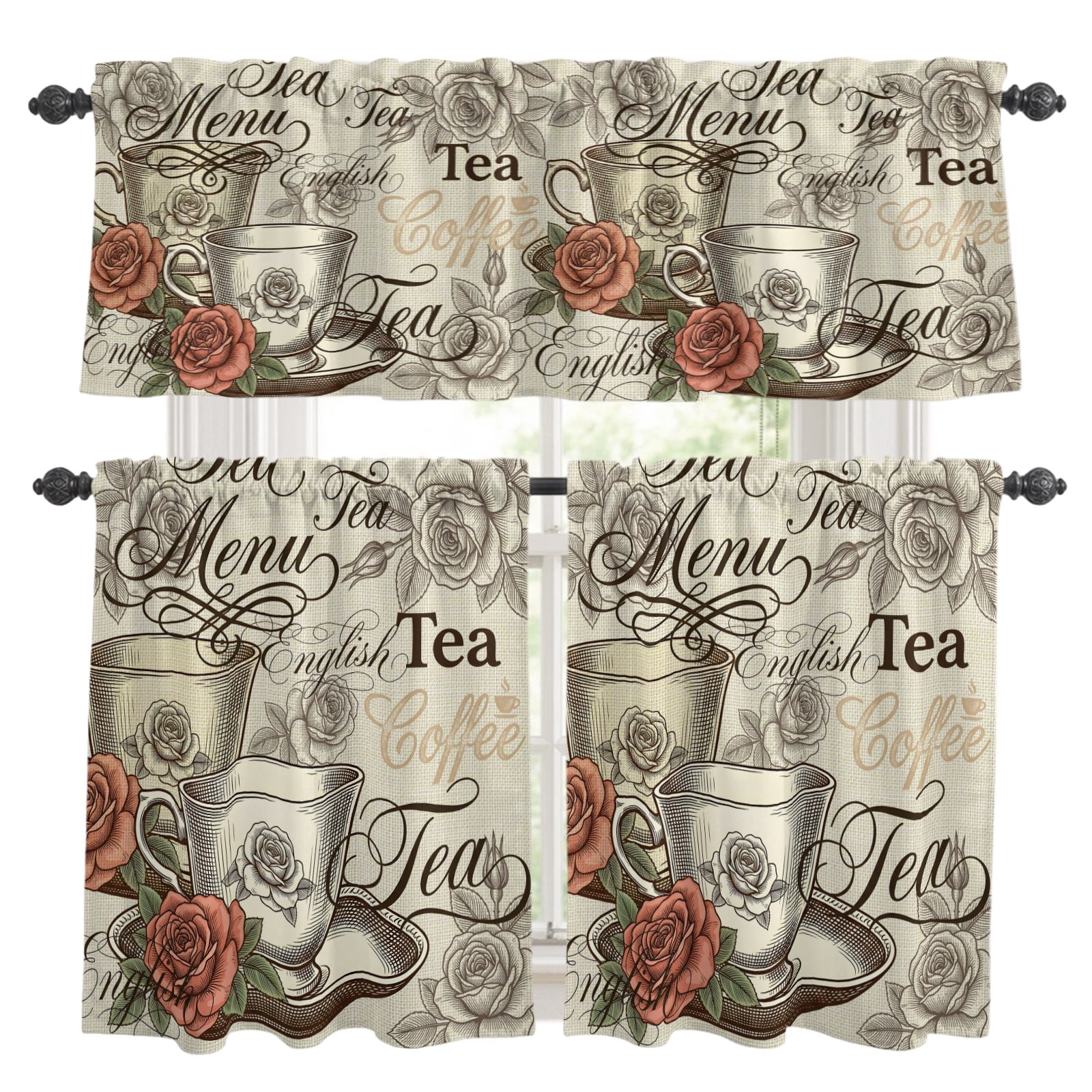 3 Piece Kitchen Curtains and Valances Set Coffee Tea Time Cafe Curtains ...