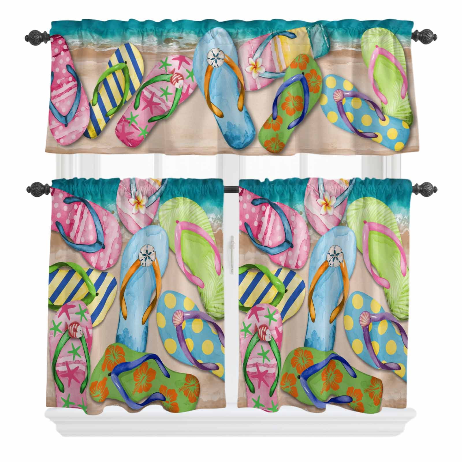 3 Piece Kitchen Curtains and Valances Set Colorful Flip Flops Cafe ...