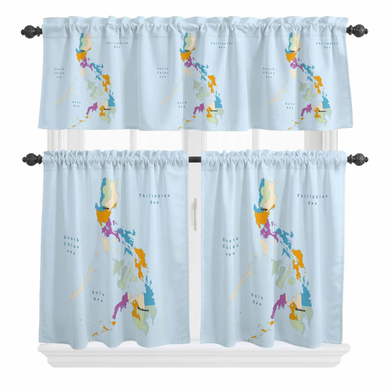 3 Piece Kitchen Curtains and Valances Set Colorful Map Cafe Curtains 36 ...
