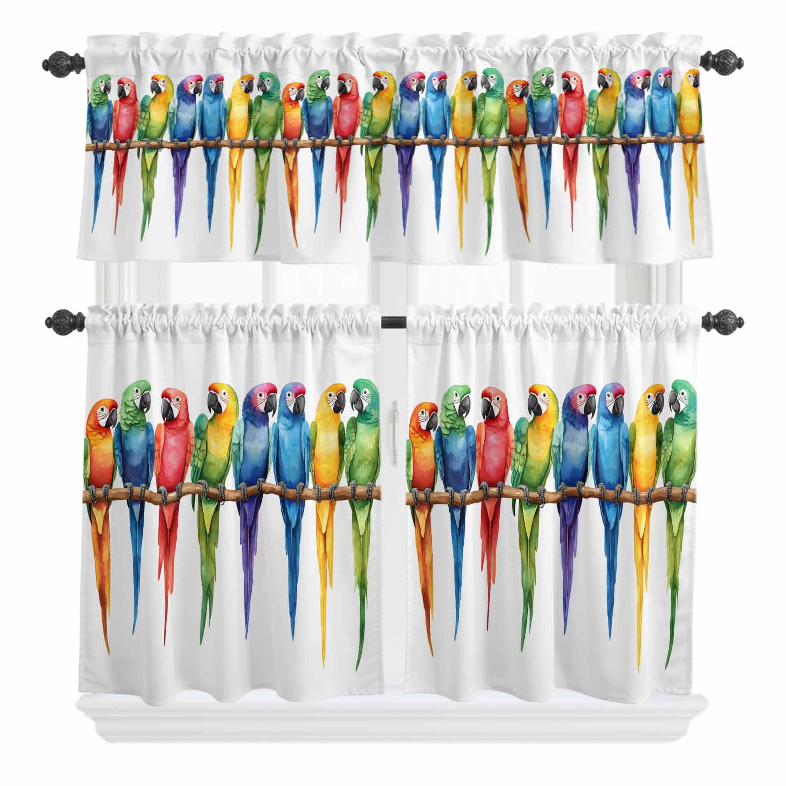 3 Piece Kitchen Curtains and Valances Set Colorful Parrot Cafe Curtains ...