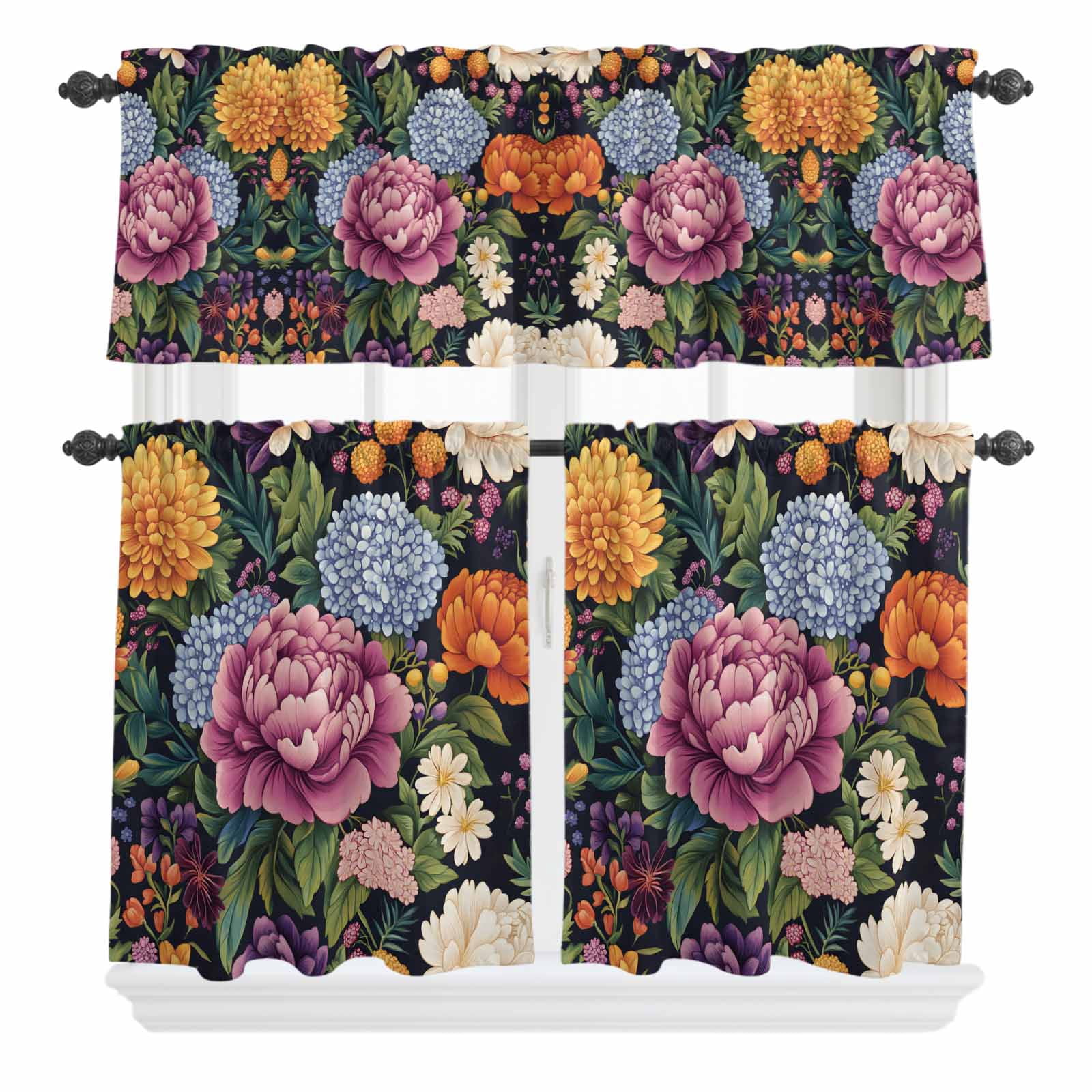 3 Piece Kitchen Curtains and Valances Set Colorful Spring Floral Cafe ...