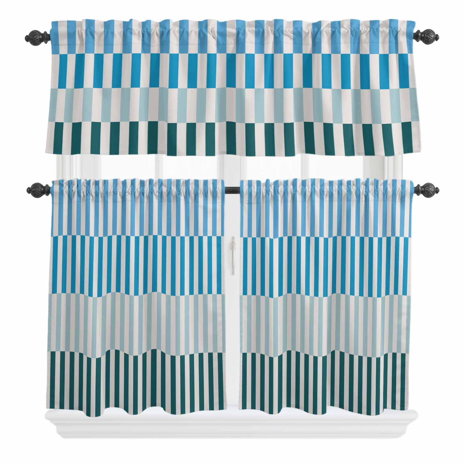 3 Piece Kitchen Curtains and Valances Set Colorful Stripe Cafe Curtains ...