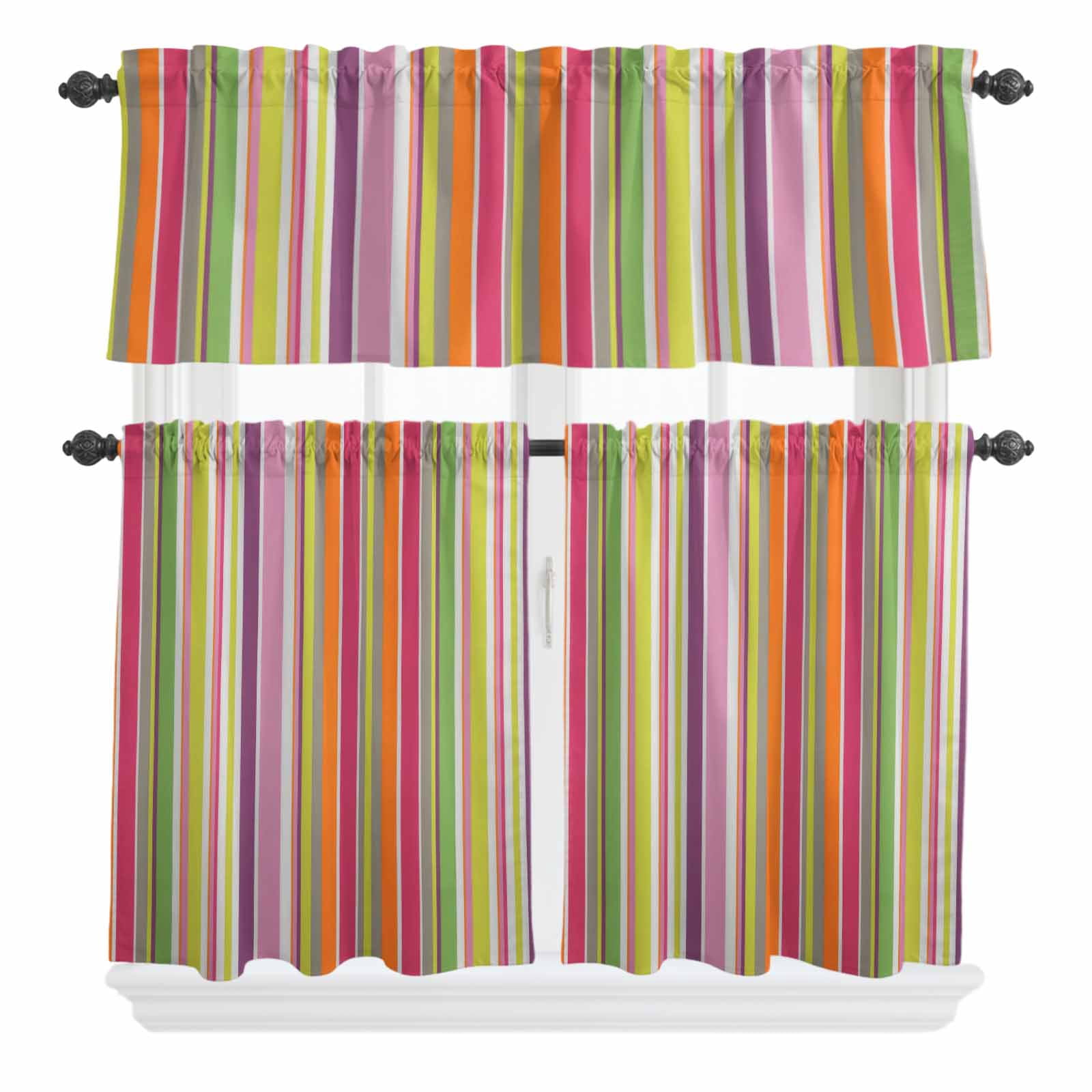 3 Piece Kitchen Curtains and Valances Set Colorful Striped Cafe ...
