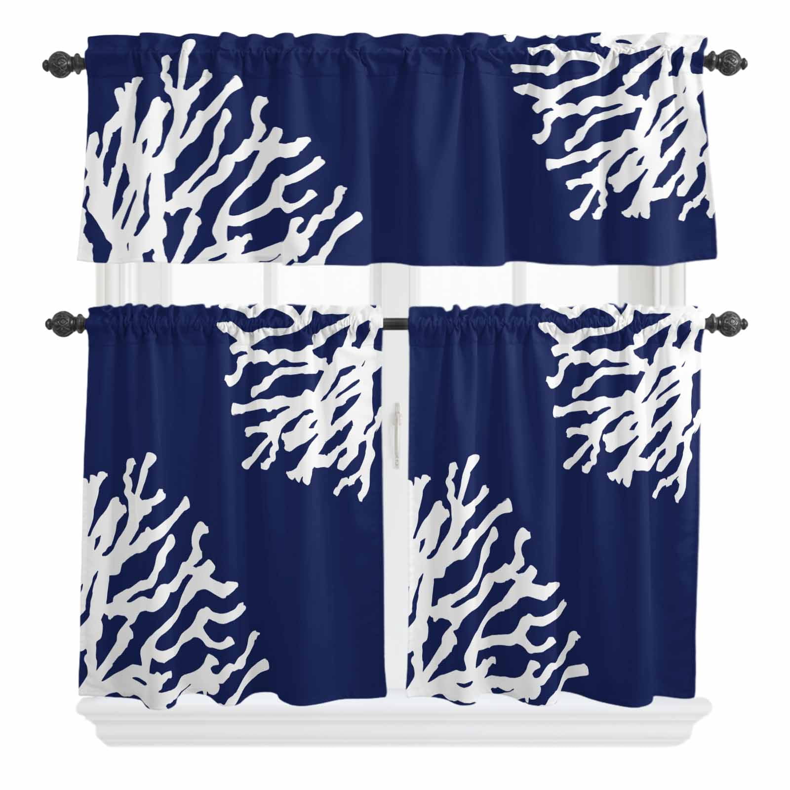 3 Piece Kitchen Curtains and Valances Set Coral Navy Blue Cafe Curtains ...