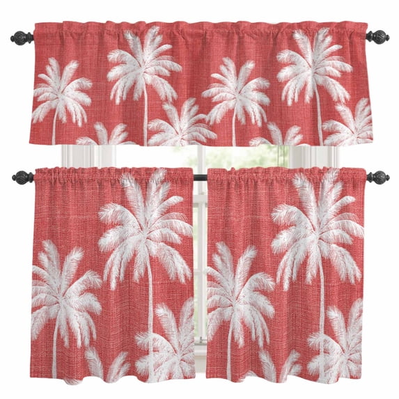 3 Piece Kitchen Curtains and Valances Set Coral Red Palm Trees Cafe ...