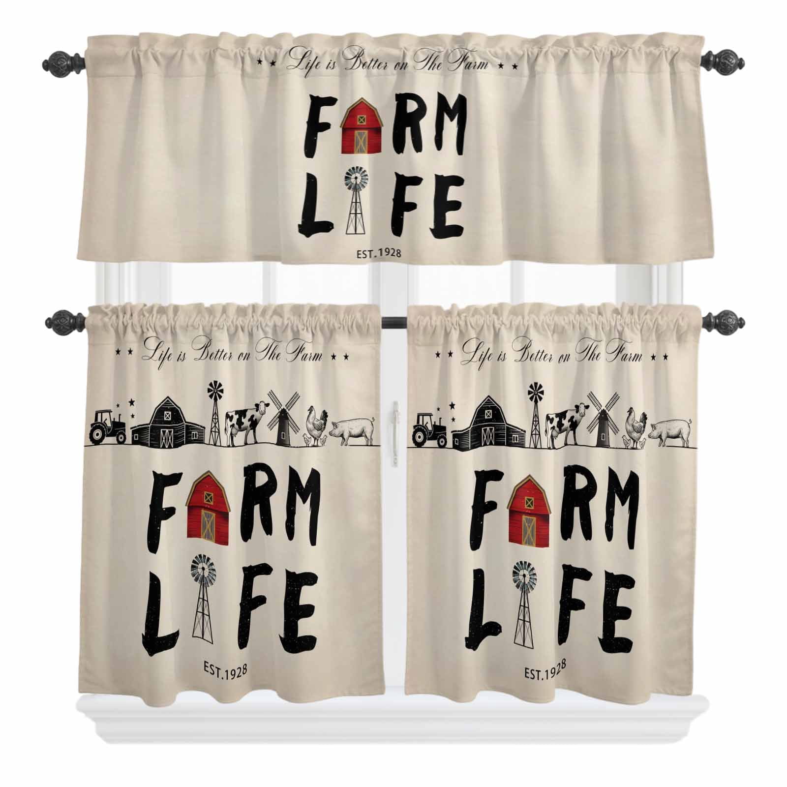 3 Piece Kitchen Curtains and Valances Set Country Cabin Cafe Curtains ...