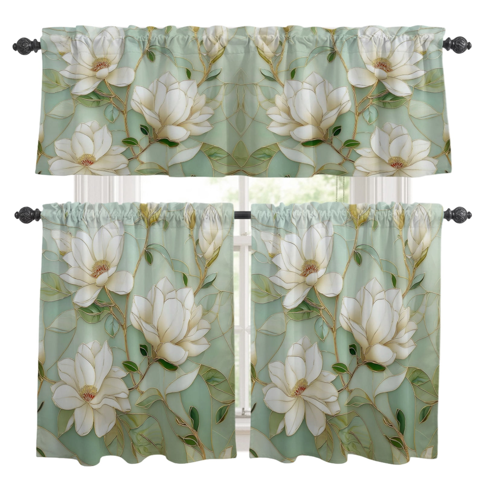 3 Piece Kitchen Curtains and Valances Set Country Flowers Cafe Curtains ...