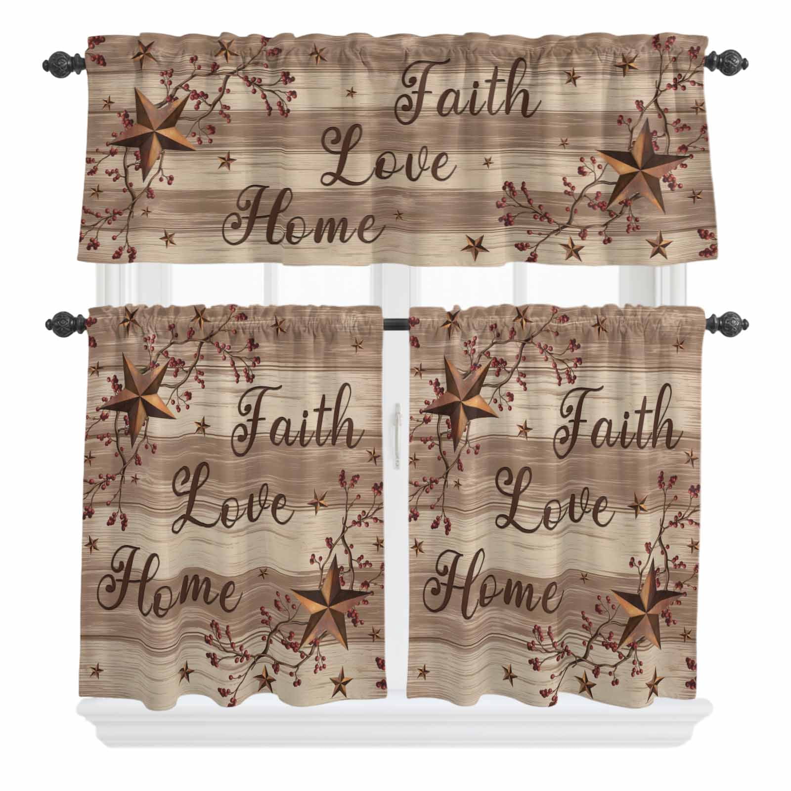 3 Piece Kitchen Curtains and Valances Set Country Star Brown Cafe ...
