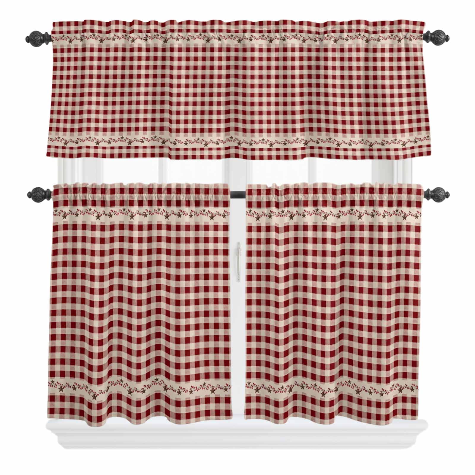3 Piece Kitchen Curtains and Valances Set Country Star Plaid Cafe ...