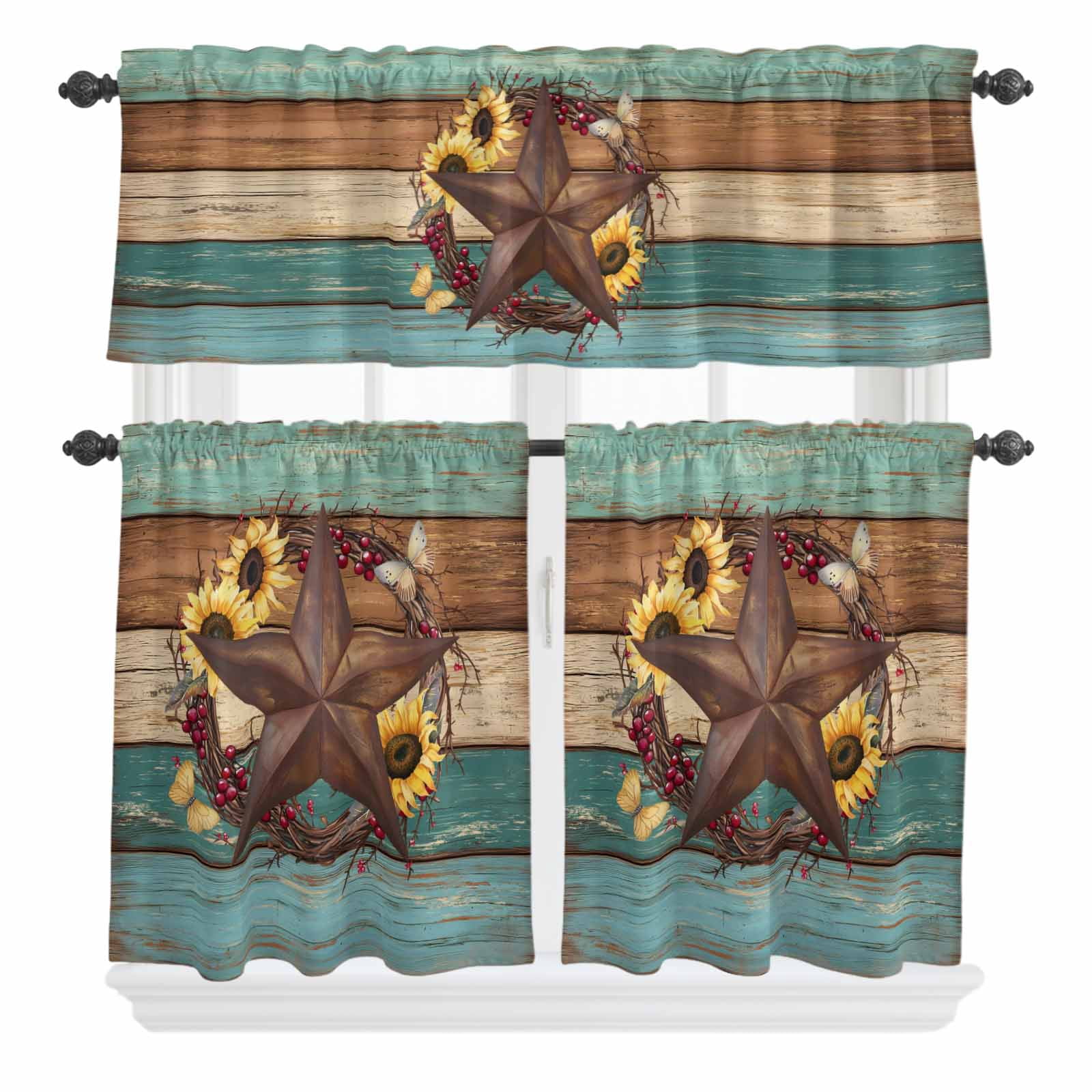 3 Piece Kitchen Curtains and Valances Set Country Star Vintage Cafe ...