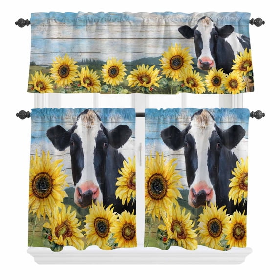 3 Piece Kitchen Curtains and Valances Set Cow Sunflowers Cafe Curtains ...