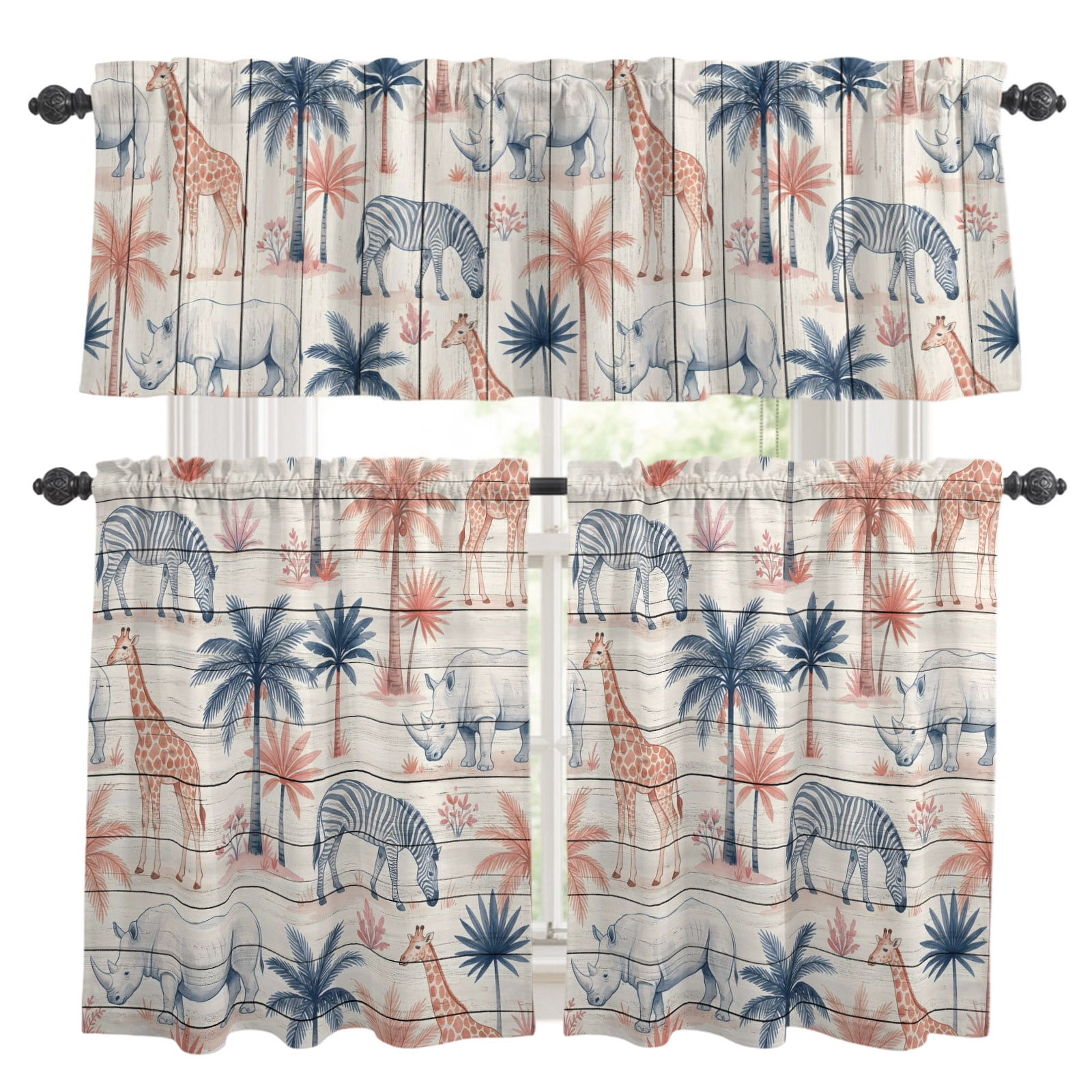 3 Piece Kitchen Curtains and Valances Set Cute Animal Tropical Cafe ...