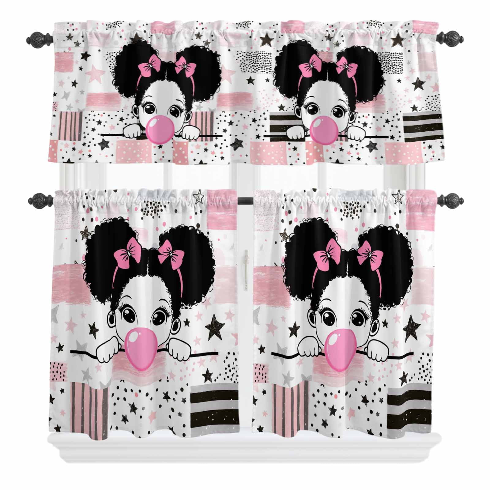 3 Piece Kitchen Curtains and Valances Set Cute Girl Cafe Curtains 24 ...