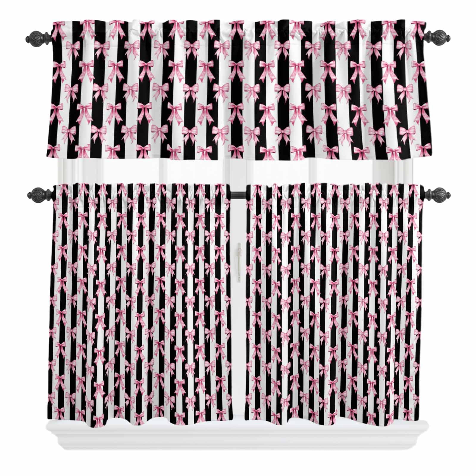 3 Piece Kitchen Curtains and Valances Set Cute Pink Bow Cafe Curtains ...