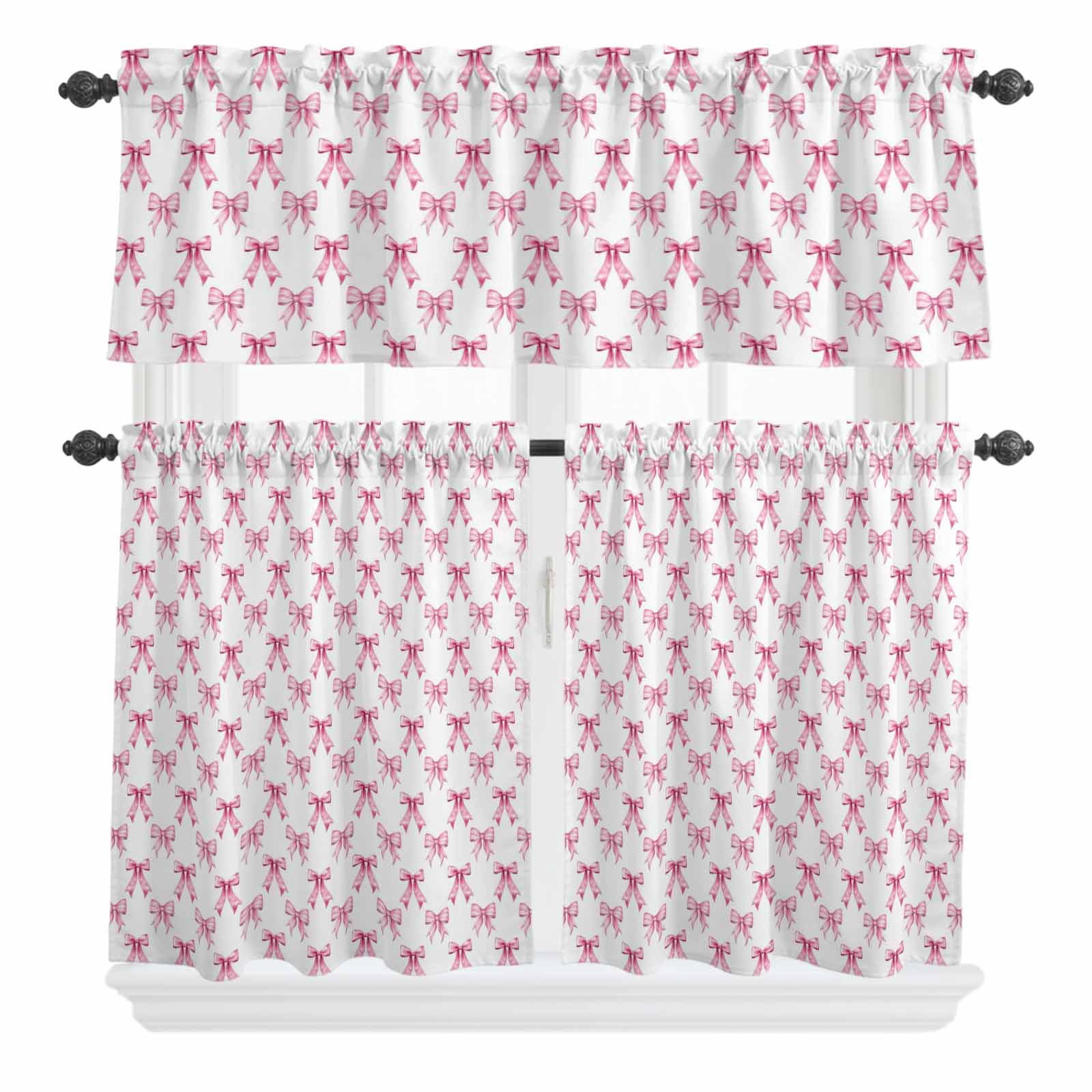 3 Piece Kitchen Curtains and Valances Set Cute Pink Bow Cafe Curtains ...