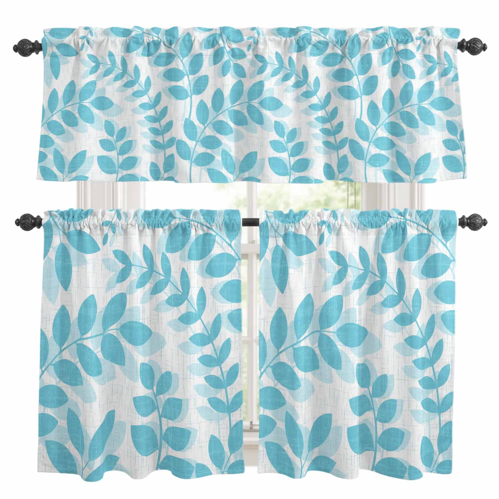 3 Piece Kitchen Curtains and Valances Set Cyan Blue Leaves Cafe ...