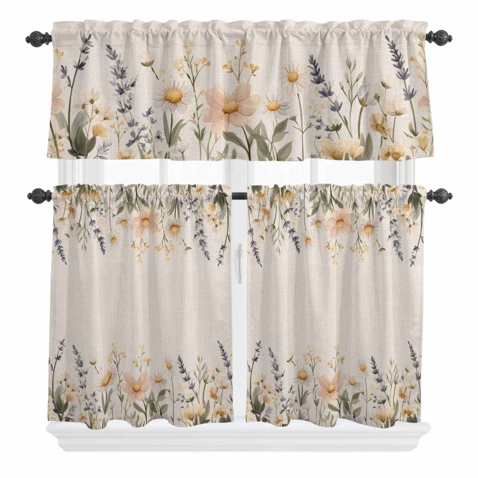3 Piece Kitchen Curtains and Valances Set Daisy Botanical Cafe Curtains ...